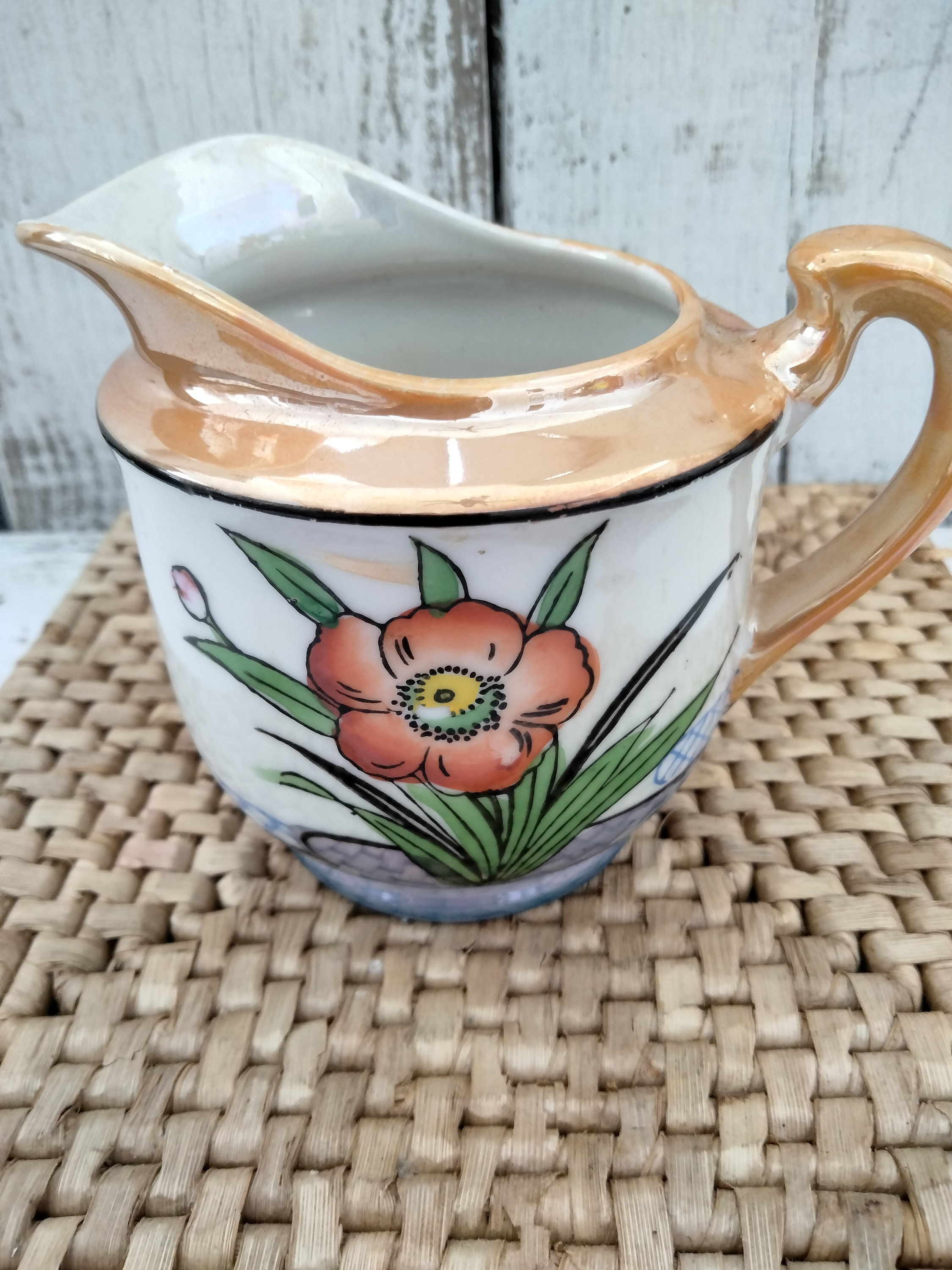 Vintage Cream Pitcher, Made in Japan, Gold-yellow and Blue Lusterware ...