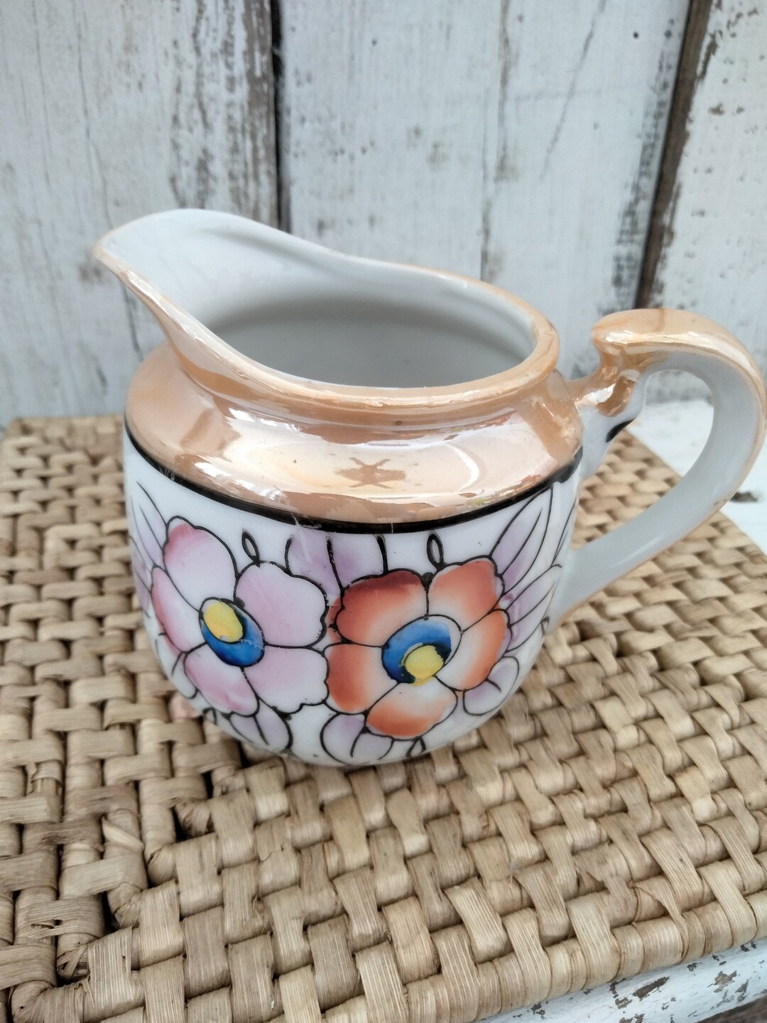 Vintage Japanese Cream Pitcher, Hand-painted Flowers, Iridescent Gold ...