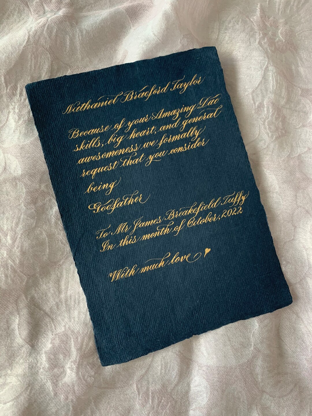 Navy Paper Calligraphy Quote, Handwritten Letters in Gold Ink, Custom ...