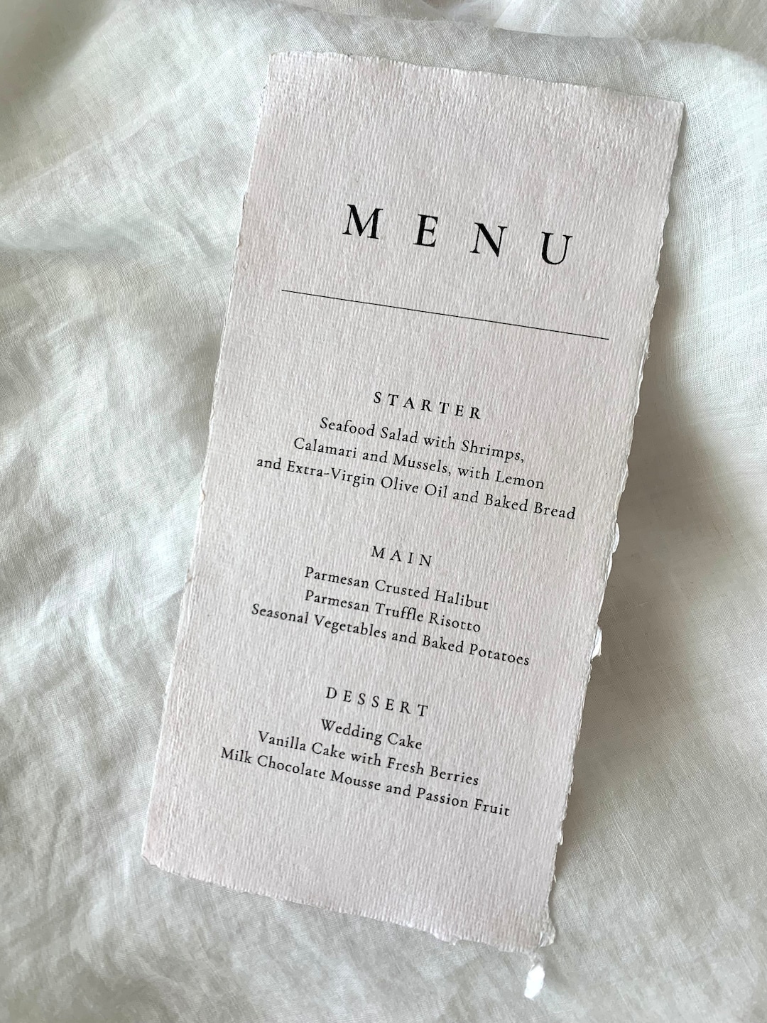 Blush Menu Printed on Handmade Cotton Paper | Minimalist Menu on Deckle ...