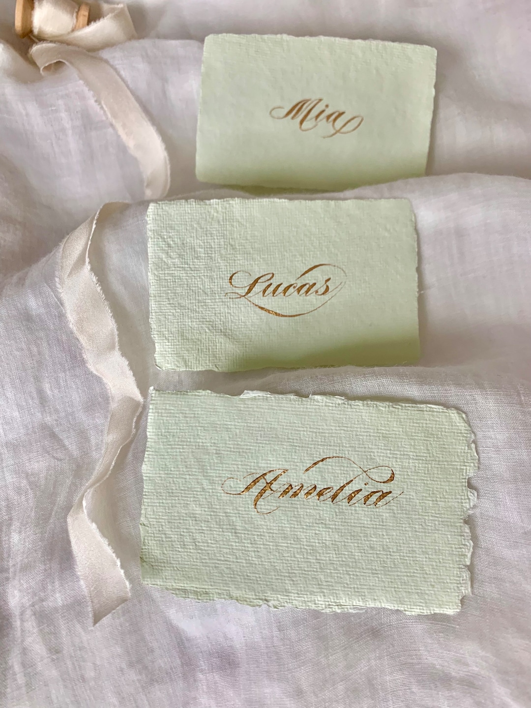 Sage Green Wedding Name Card: Gold Calligraphy, Deckle Edge - Etsy
