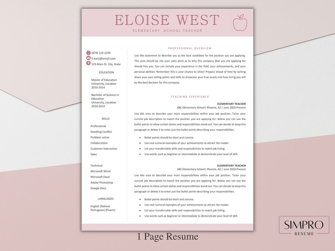 Modern Resume Template for Teachers, Professional WORD Template, 1 & 2 ...