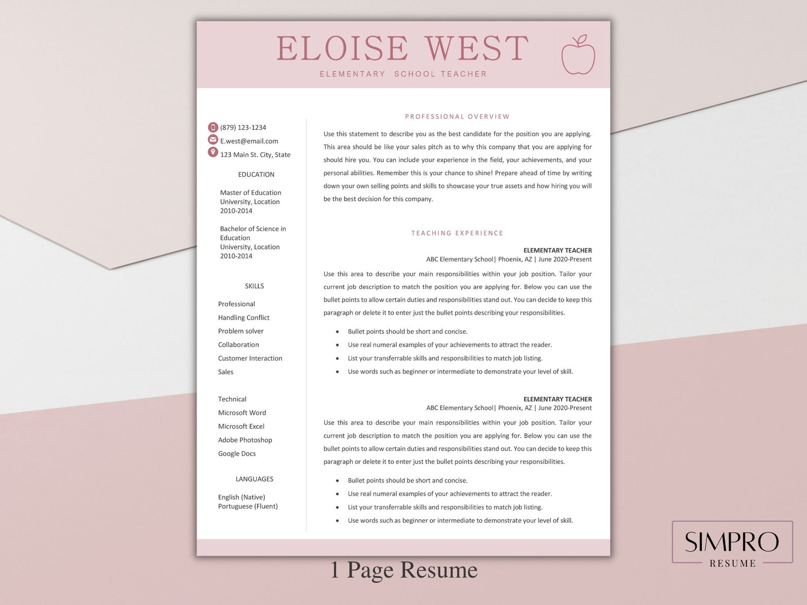 Modern Resume Template for Teachers, Professional WORD Template, 1 & 2 ...