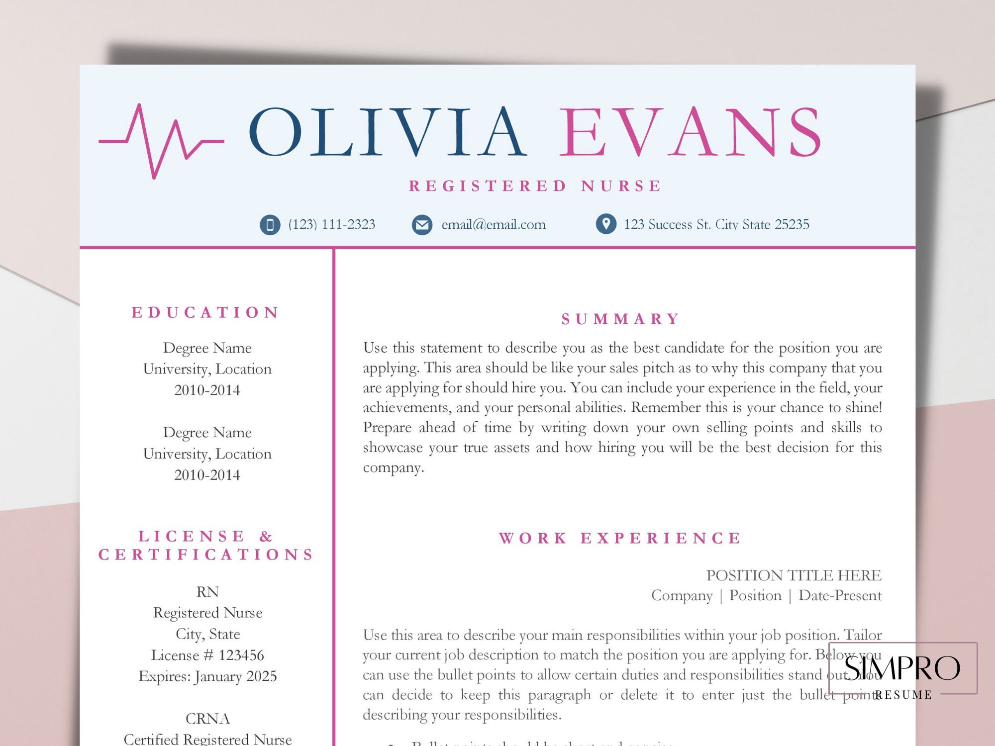 Modern Nurse Resume Template for MS WORD, CV Template Easy to Use With ...