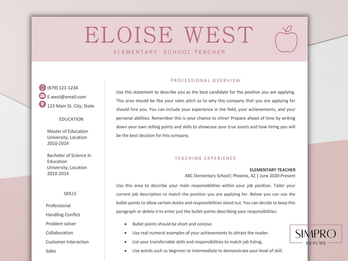 Modern Resume Template for Teachers, Professional WORD Template, 1 & 2 ...