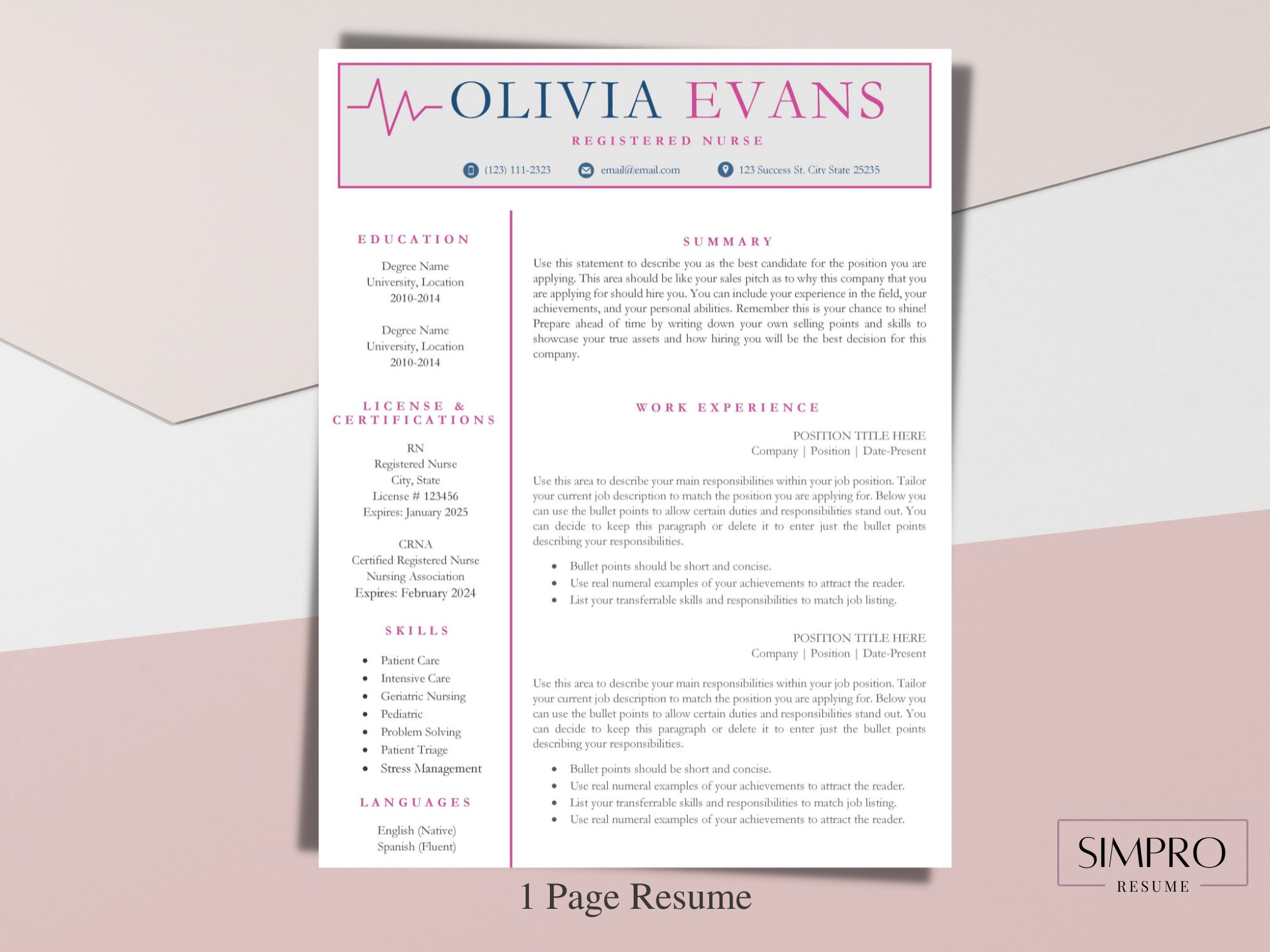 Modern Nursing Resume Template for MS WORD, CV Template Easy to Use ...