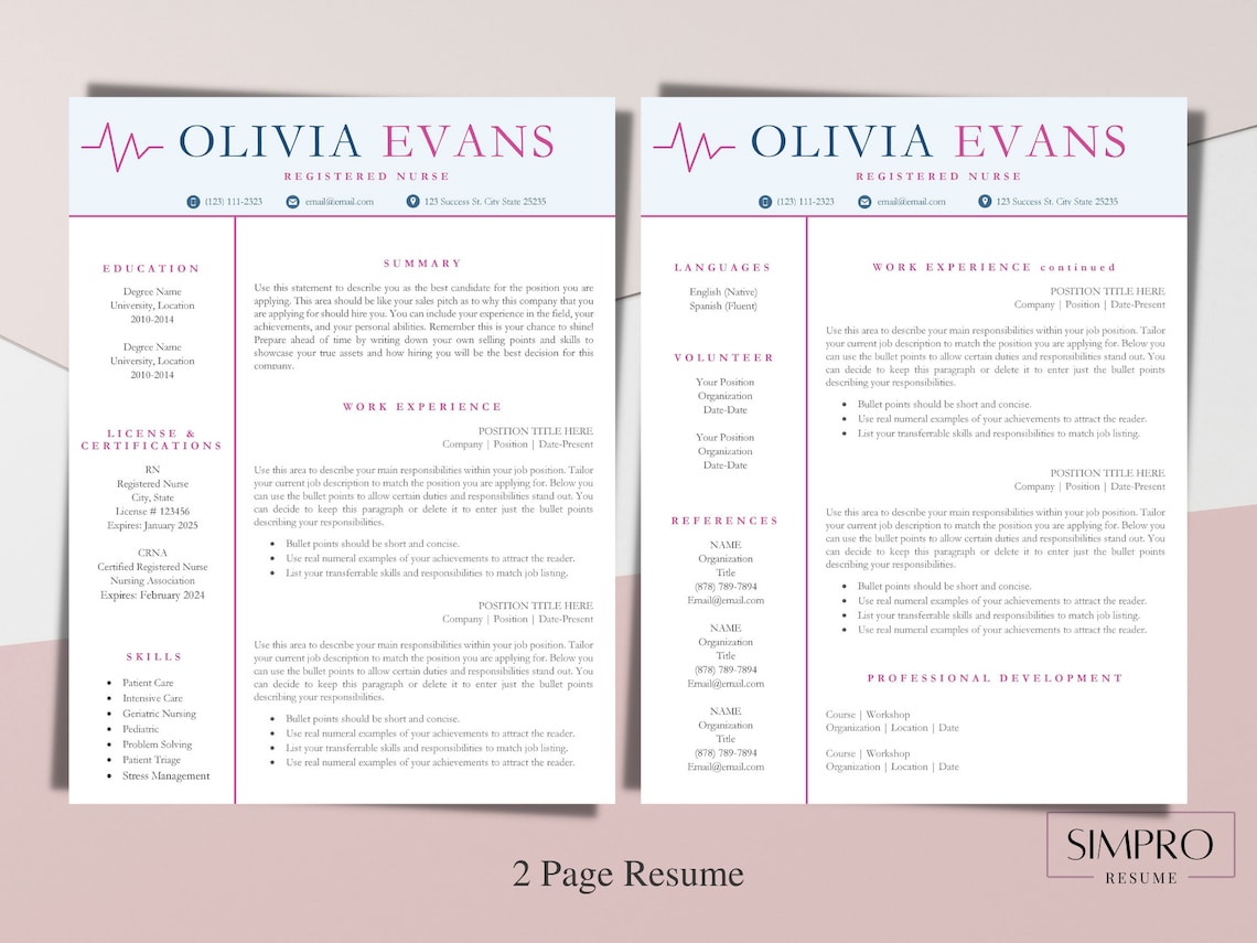 Modern Nurse Resume Template for MS WORD, CV Template Easy to Use With ...