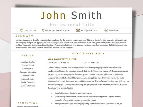 CV Template Bundle Professional 1 & 2 Page Resume for WORD - Etsy