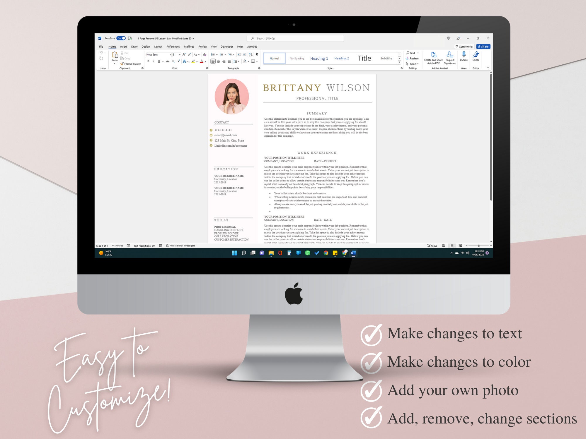 Modern Resume Pink CV WORD Template With Cover Letter and Reference ...