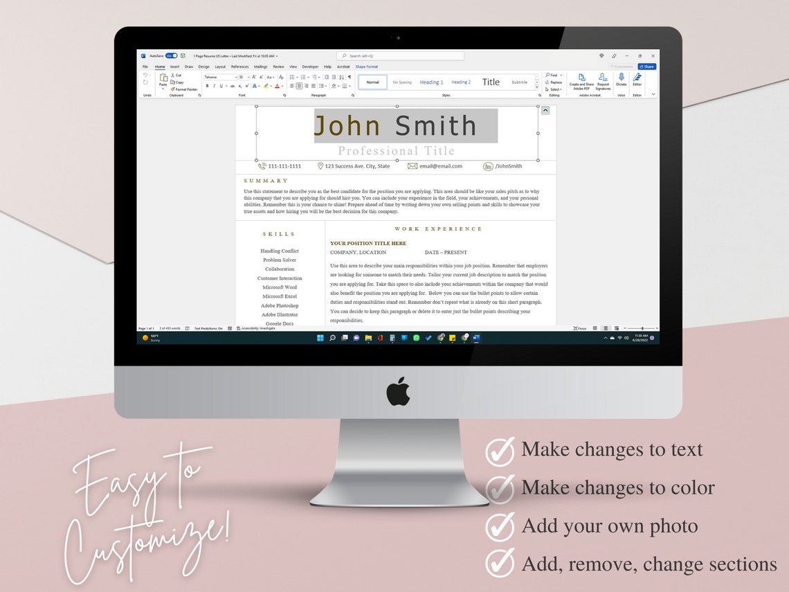 Modern Resume Template for Teachers, Professional WORD Template, 1 & 2 ...