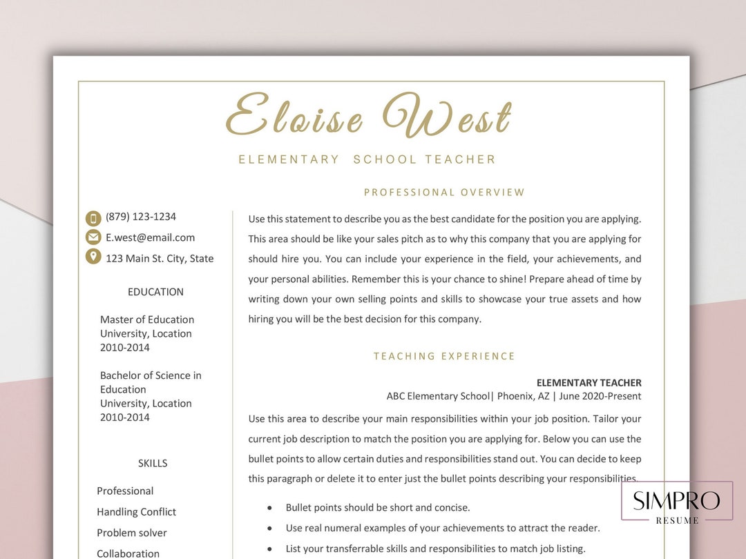 Professional Resume Template for Teachers, Modern Resume WORD Template ...