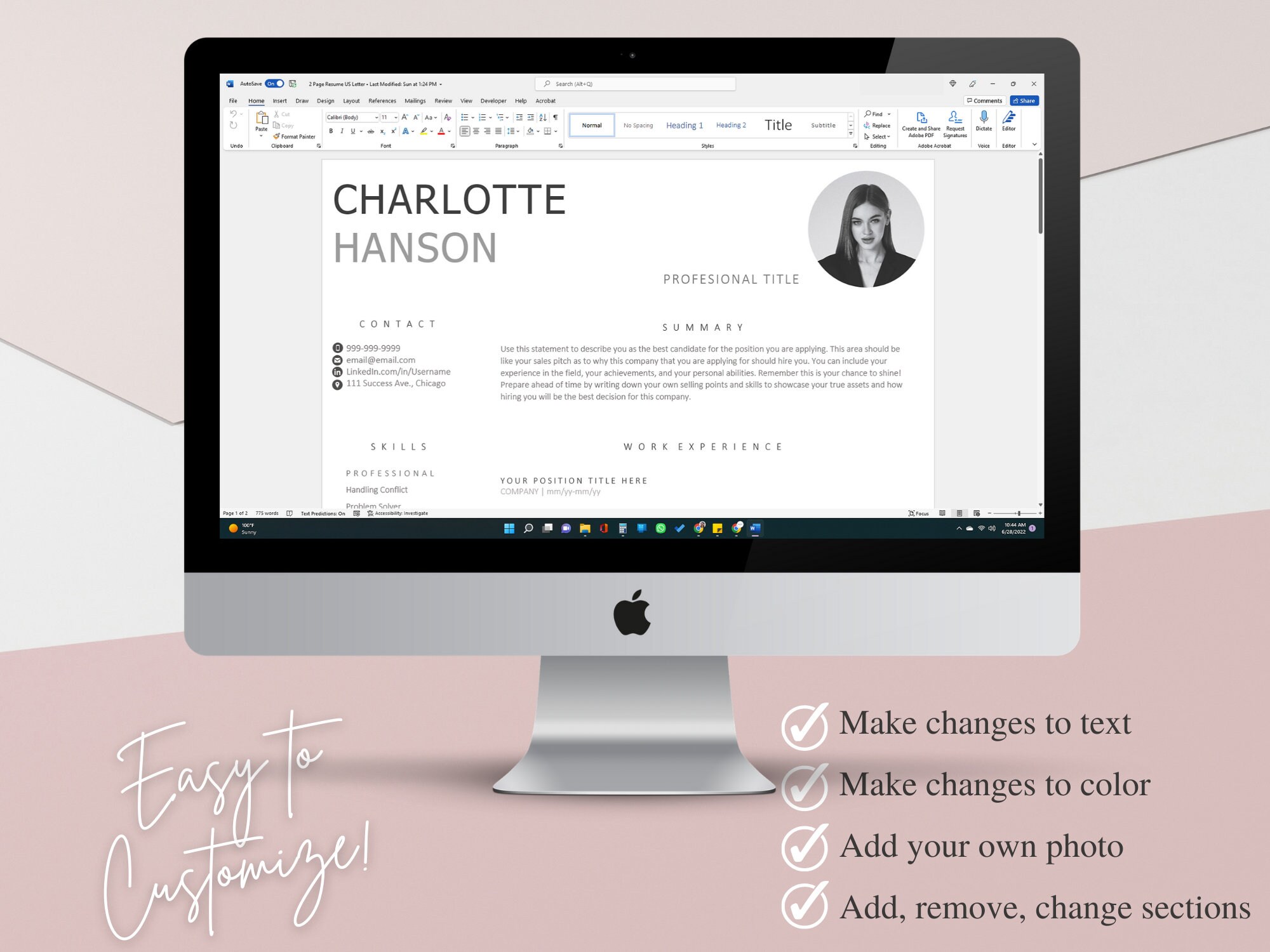 Modern Resume Template for WORD 1 & 2 Page Resume CV Bundle - Etsy