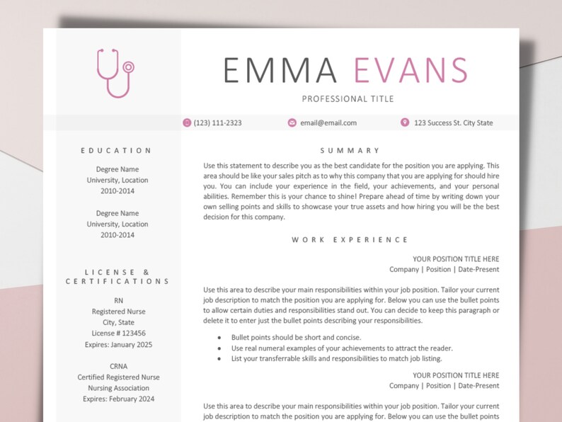 Nurse Resume Template With Pink Details for MS WORD, CV Template Easy ...