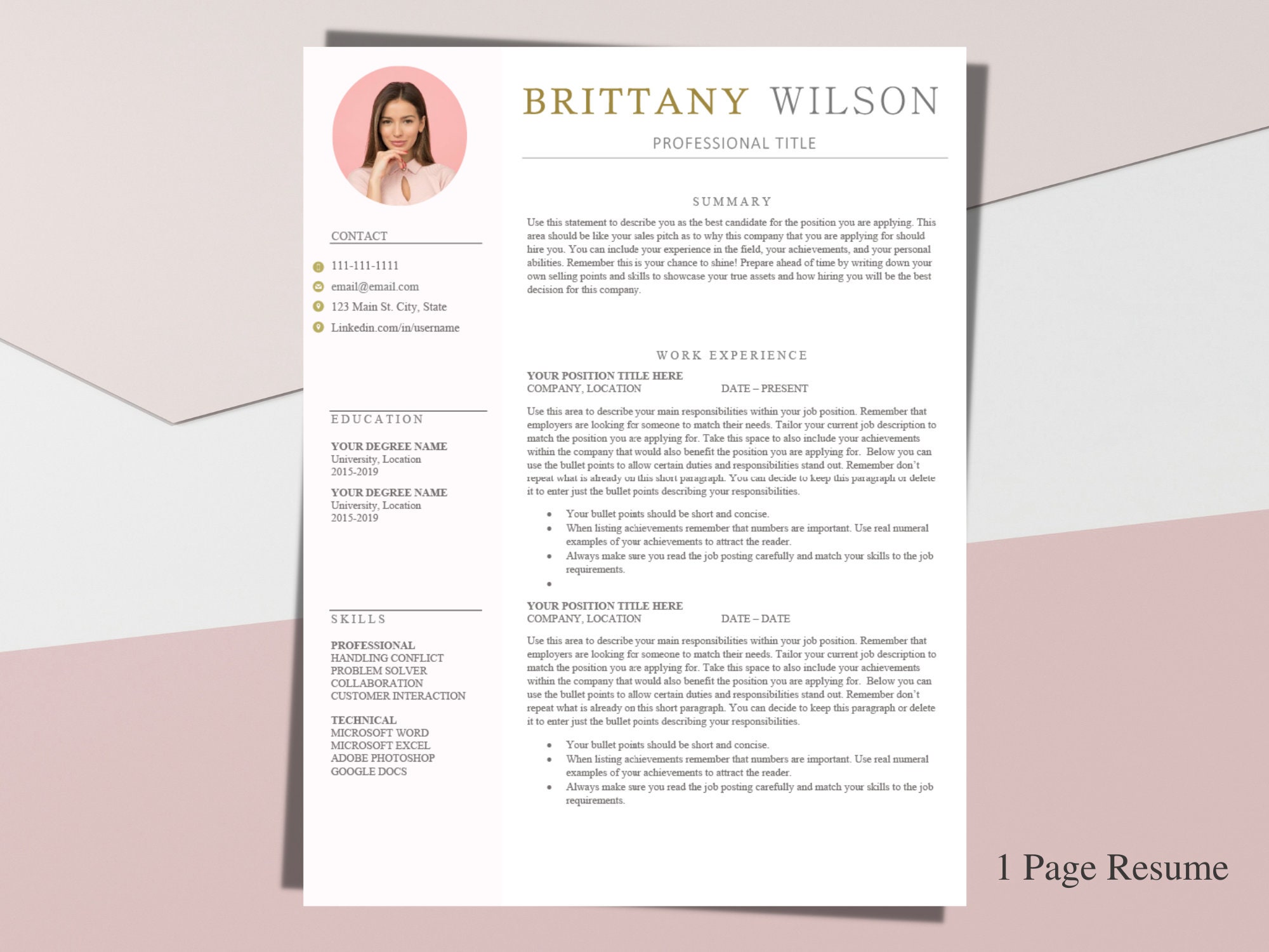 Modern Resume Pink CV WORD Template With Cover Letter and Reference ...
