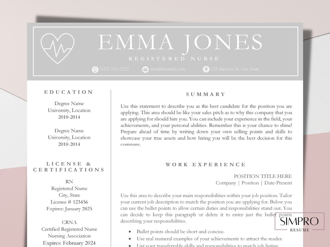 Grey Nurse Resume Template for MS WORD, CV Template Easy to Use With ...