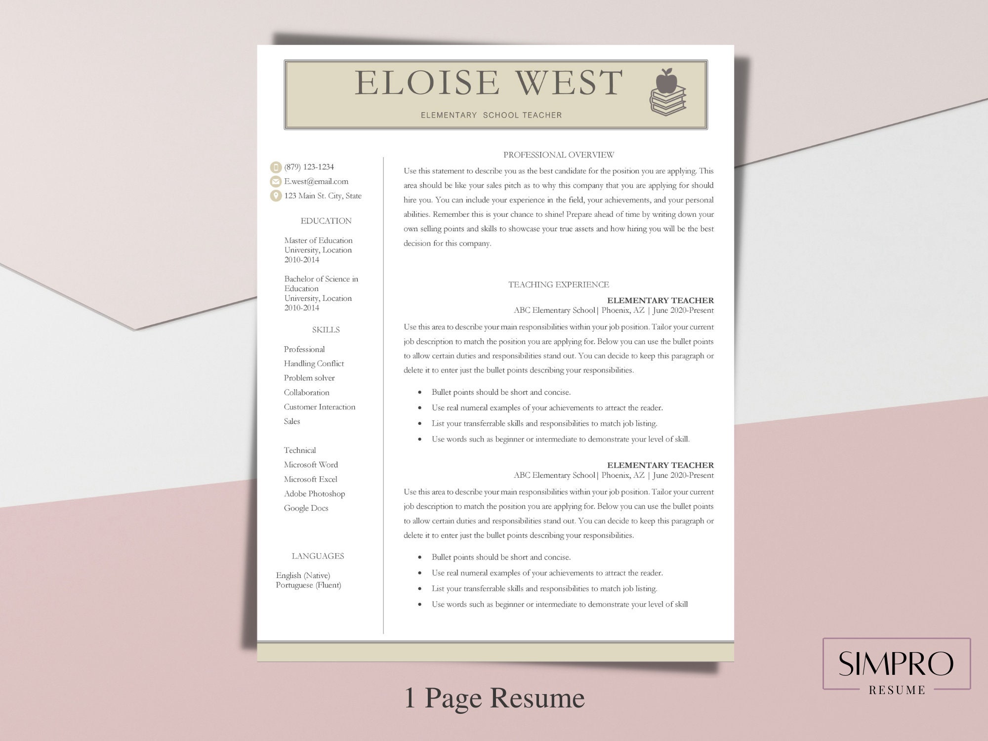 Teacher Resume Template, Professional Resume Template WORD, 1 & 2 Page ...