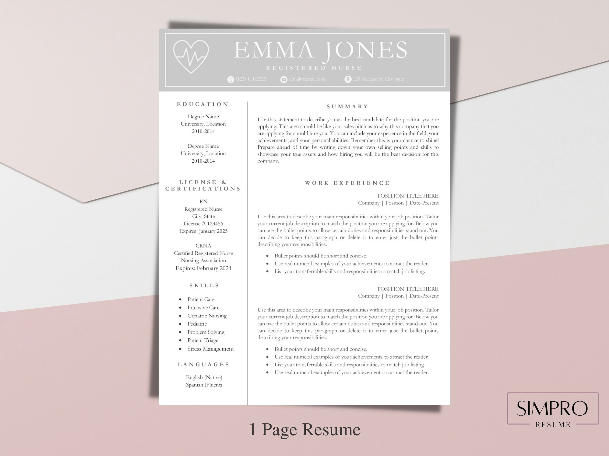 Grey Nurse Resume Template for MS WORD, CV Template Easy to Use With ...