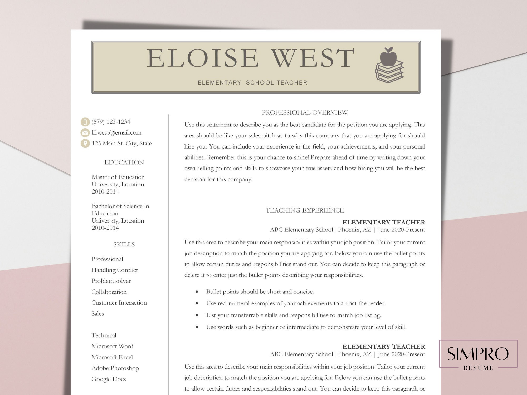 Teacher Resume Template, Professional Resume Template WORD, 1 & 2 Page ...