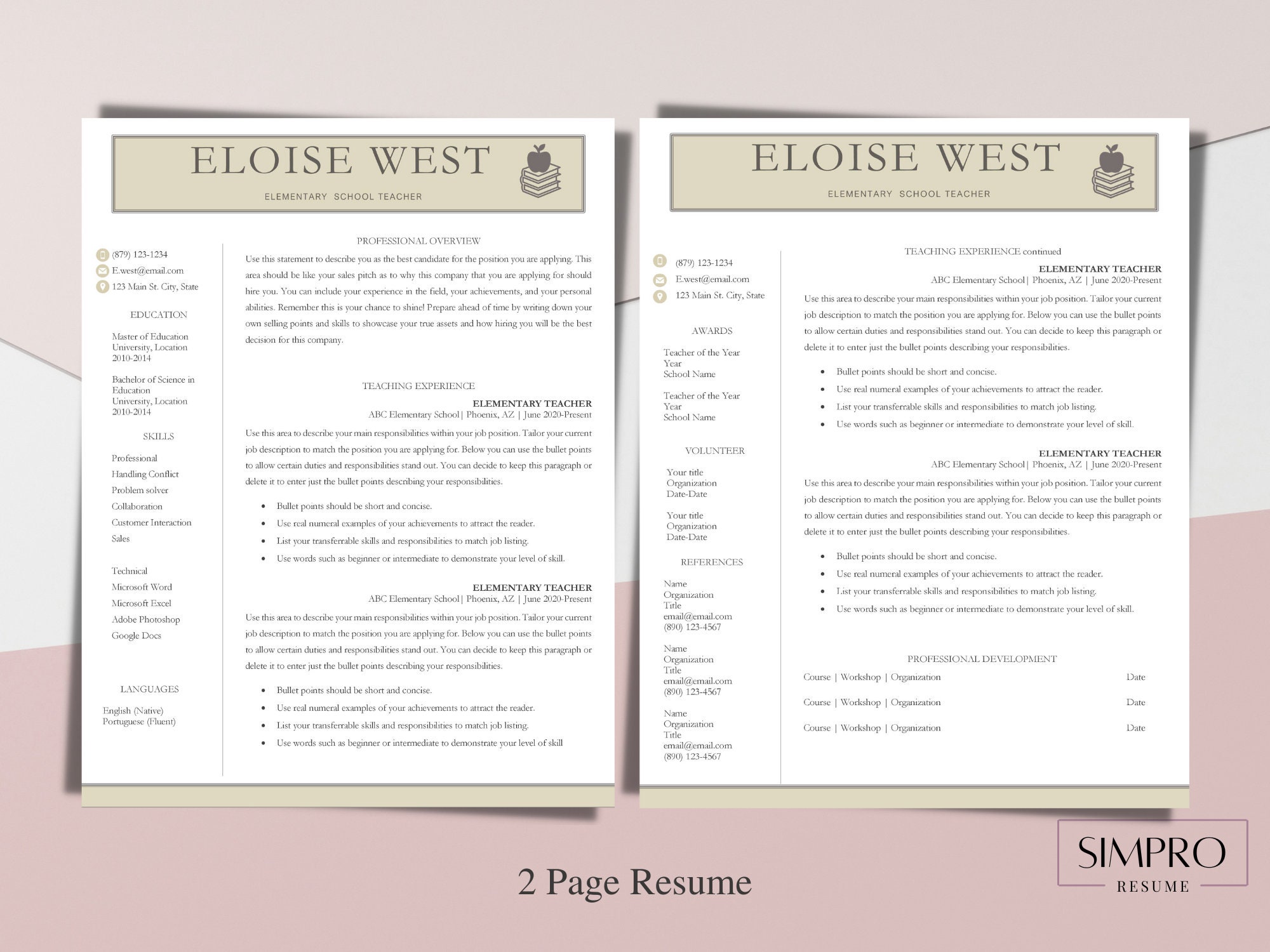 Teacher Resume Template, Professional Resume Template WORD, 1 & 2 Page ...