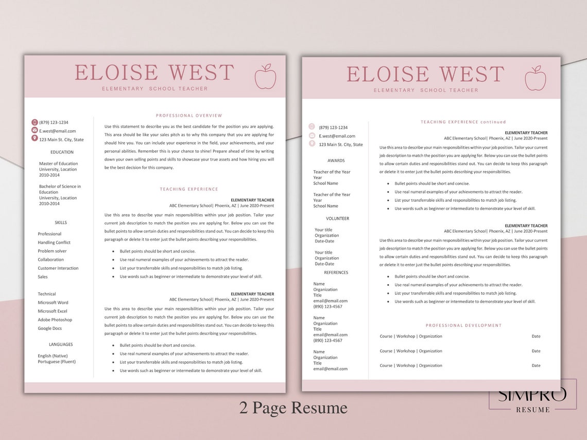 Modern Resume Template for Teachers, Professional WORD Template, 1 & 2 ...