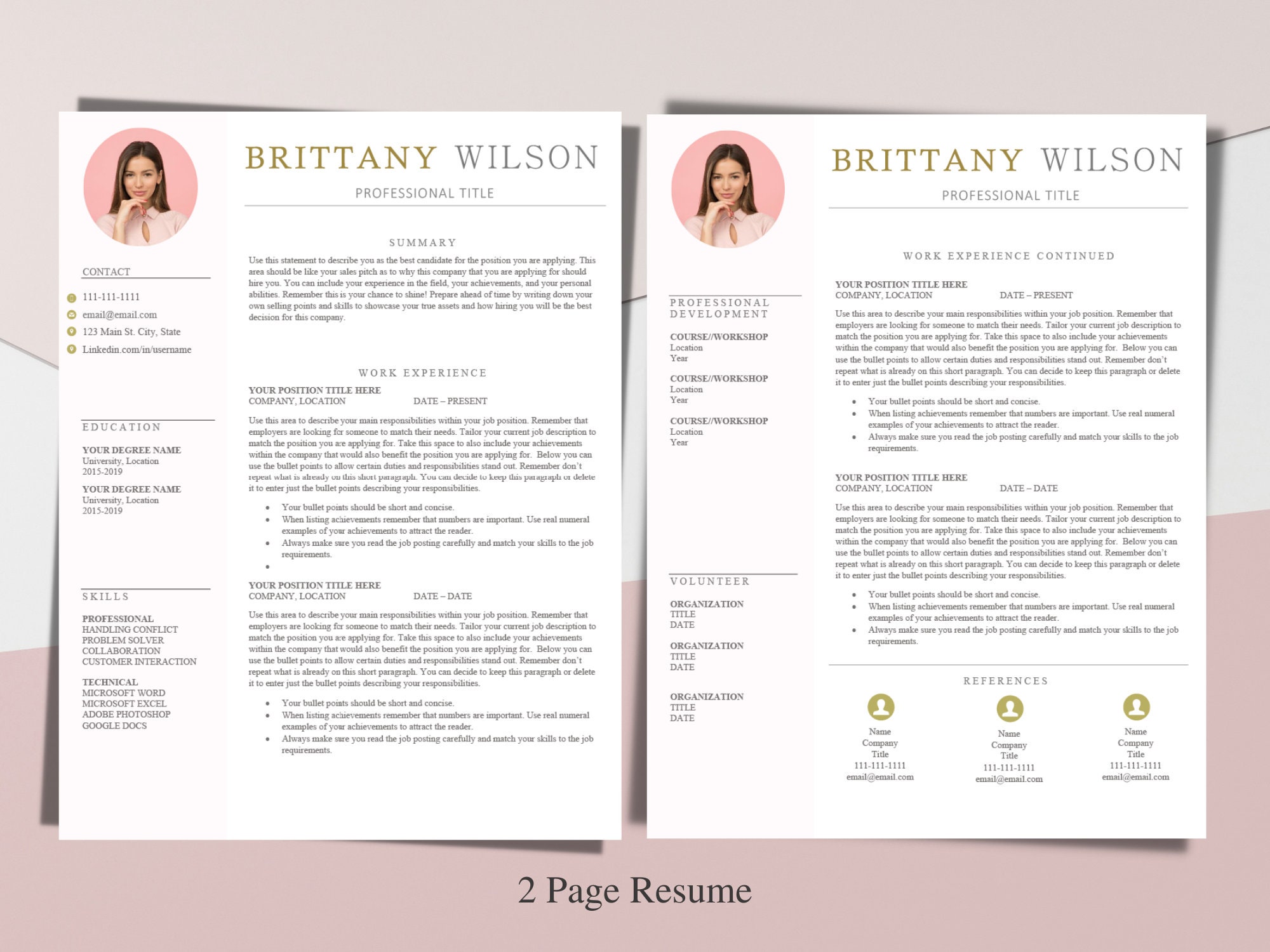 Modern Resume Pink CV WORD Template With Cover Letter and Reference ...