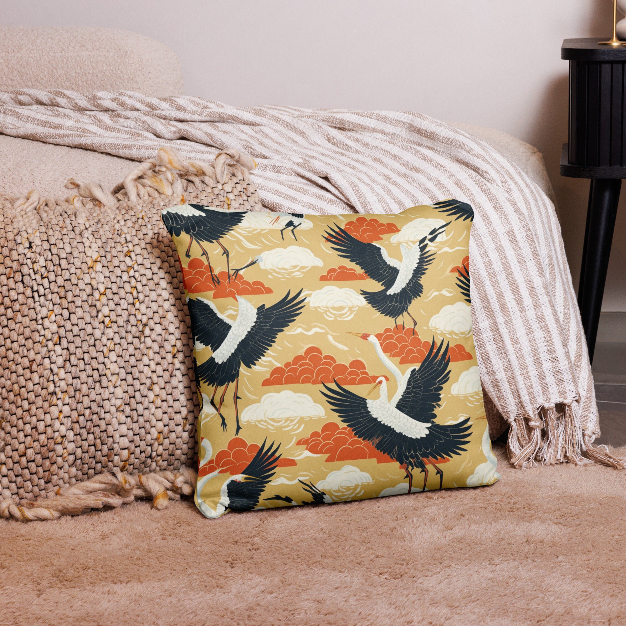 Cranes Birds Pillow Plush Velvet Orange & White Long Lumbar - Etsy