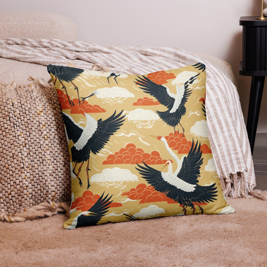 Cranes Birds Pillow Plush Velvet Orange & White Long Lumbar - Etsy