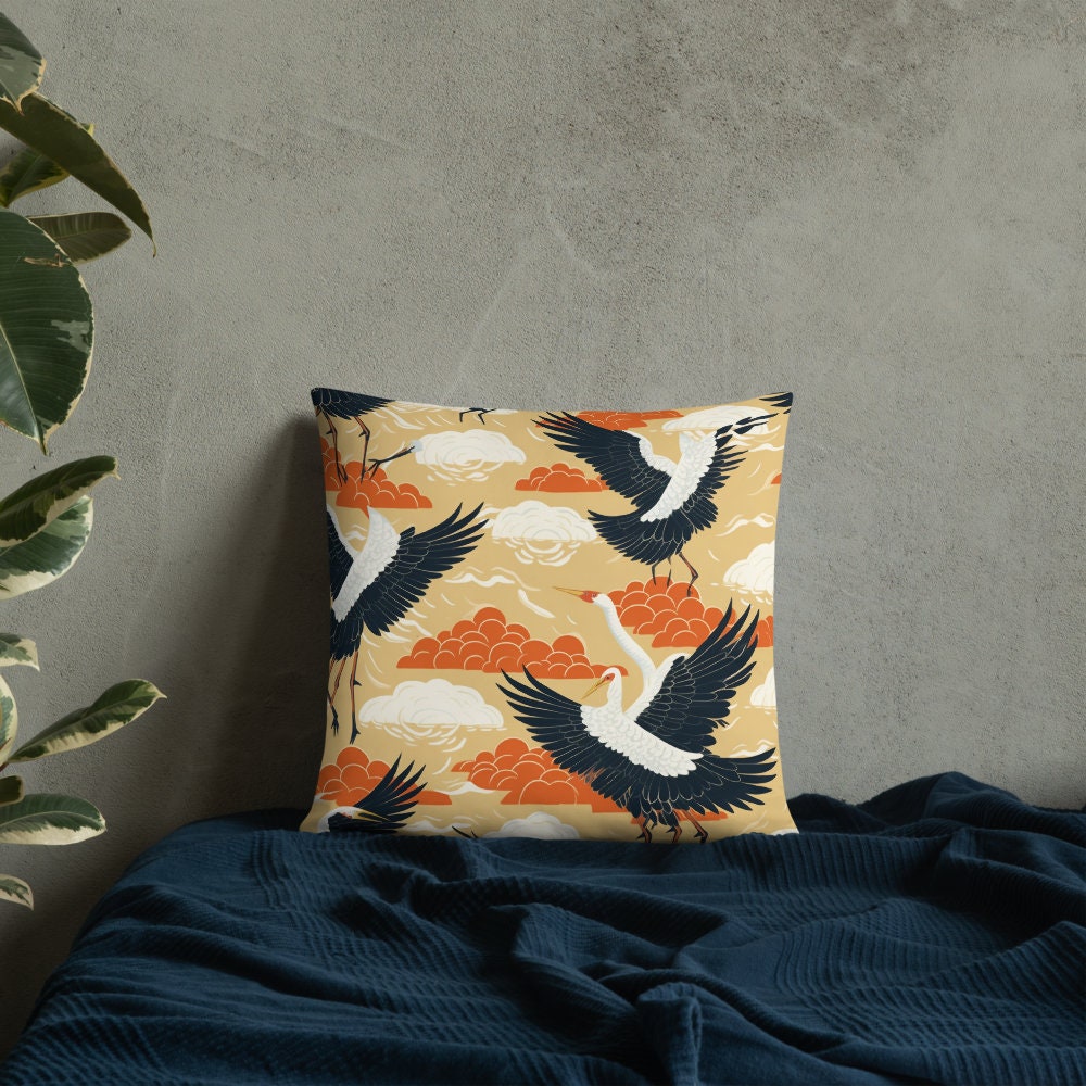 Cranes Birds Pillow Plush Velvet Orange & White Long Lumbar - Etsy