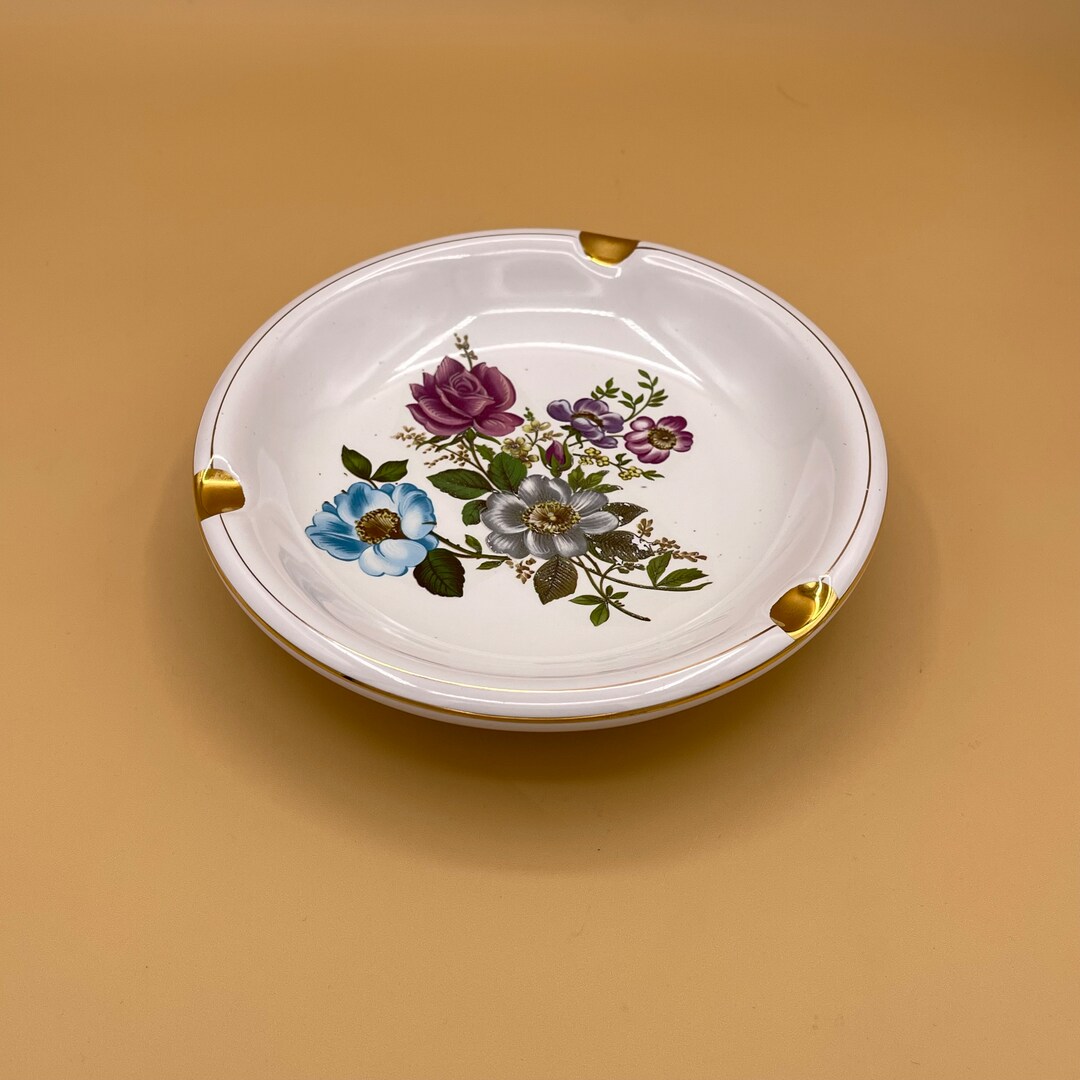 Large Round Ceramic Plate White and Floral Ashtray Hand Made in Italy ...