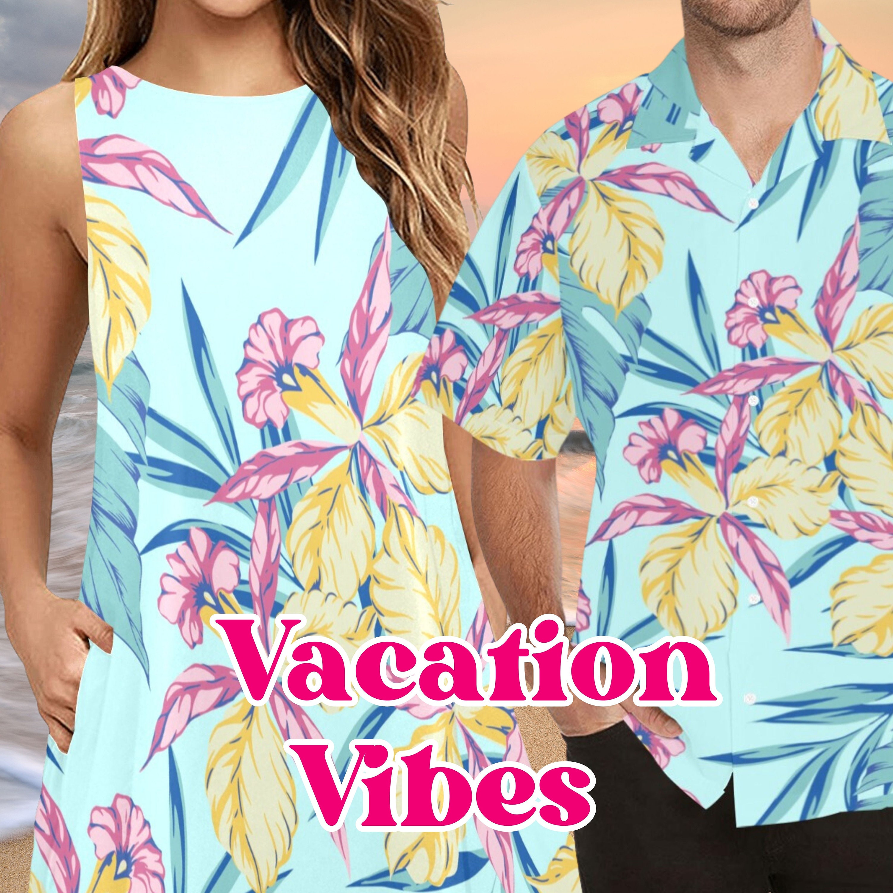 Matching Tropical Hawaiian Couple Family Shirt, Floral A-line Dress ...