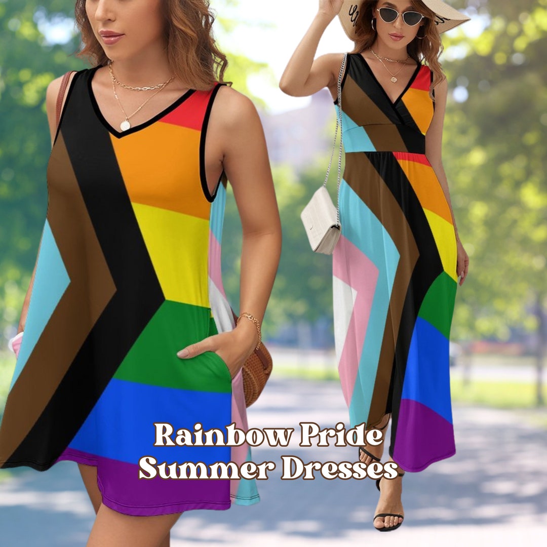 Pride Dress With Progress Rainbow Flag Print, Pride Colors Ankle Length ...