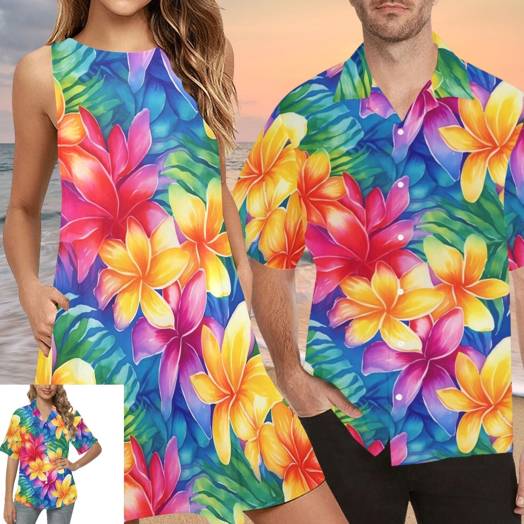 Matching Vibrant Hawaiian Couple Family Shirt, Floral A-line Dress ...