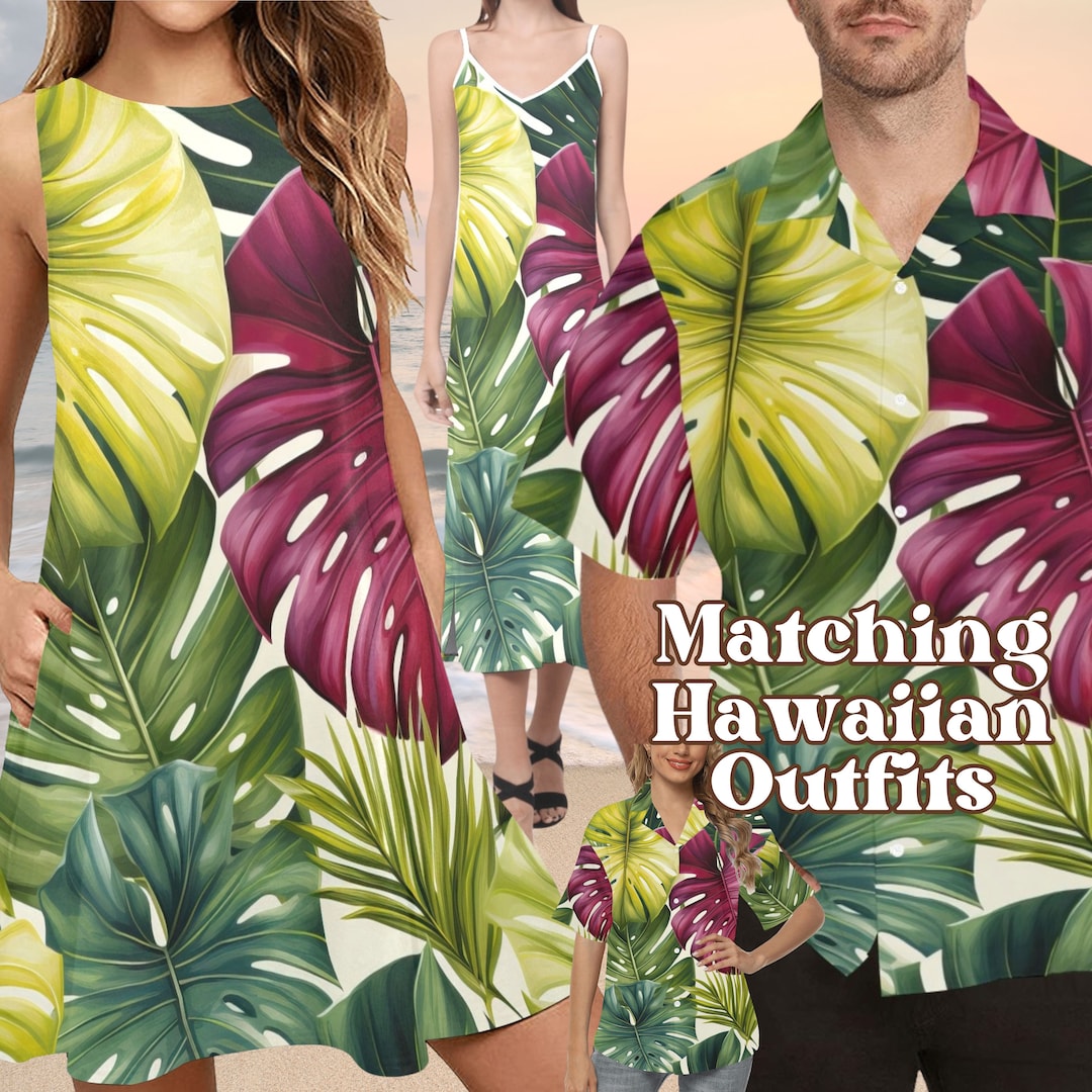 Matching Hawaiian Tropical Monstera Leaf Shirts and Aloha Dress, Anniversary, Beachwear, Island ...