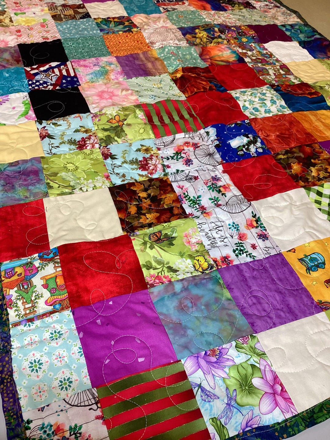 Handcrafted Rainbow Patchwork Quilt Premium Cotton Lap Blanket or Baby ...