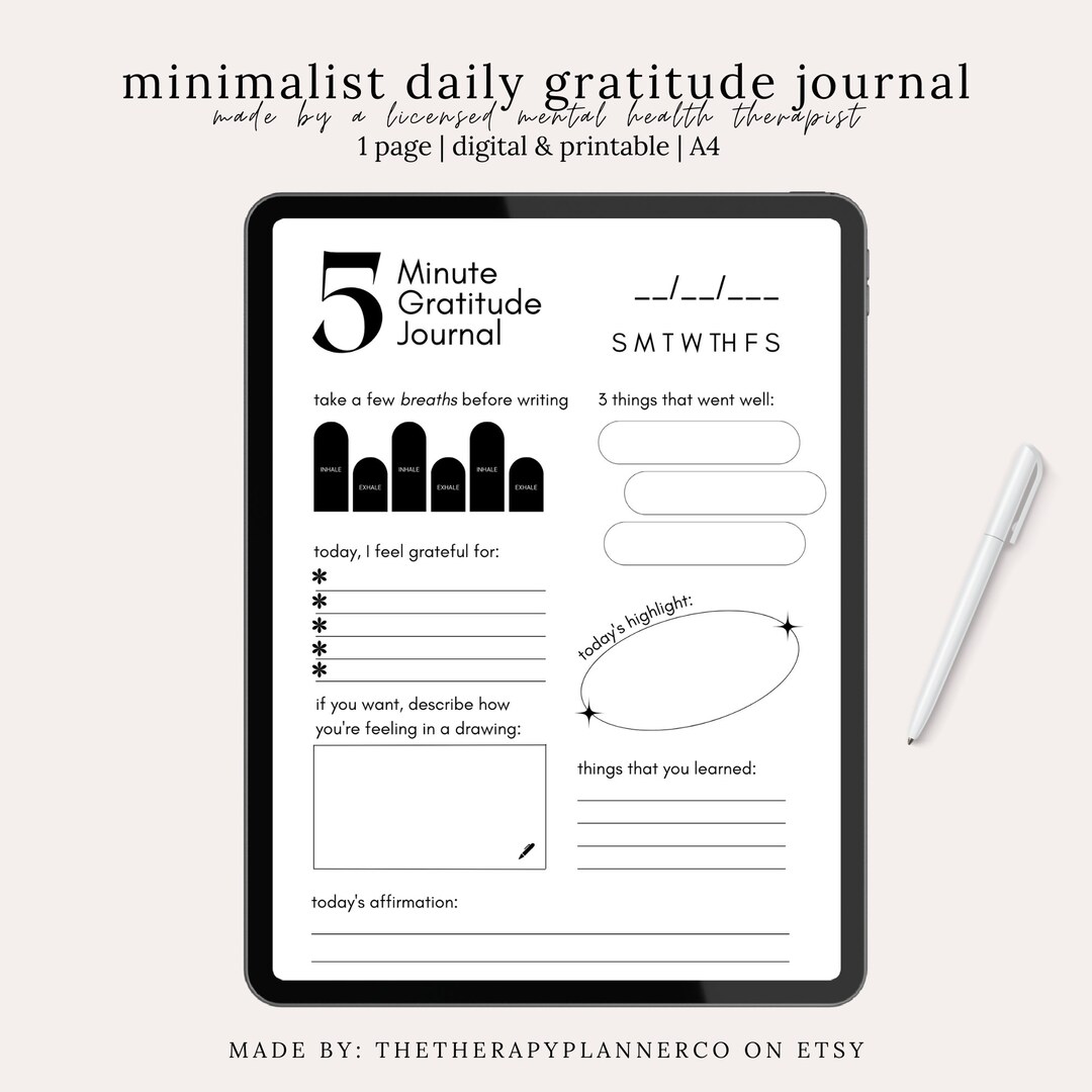Printable and Digital Minimalist Daily Gratitude Journal, Mood Tracker ...