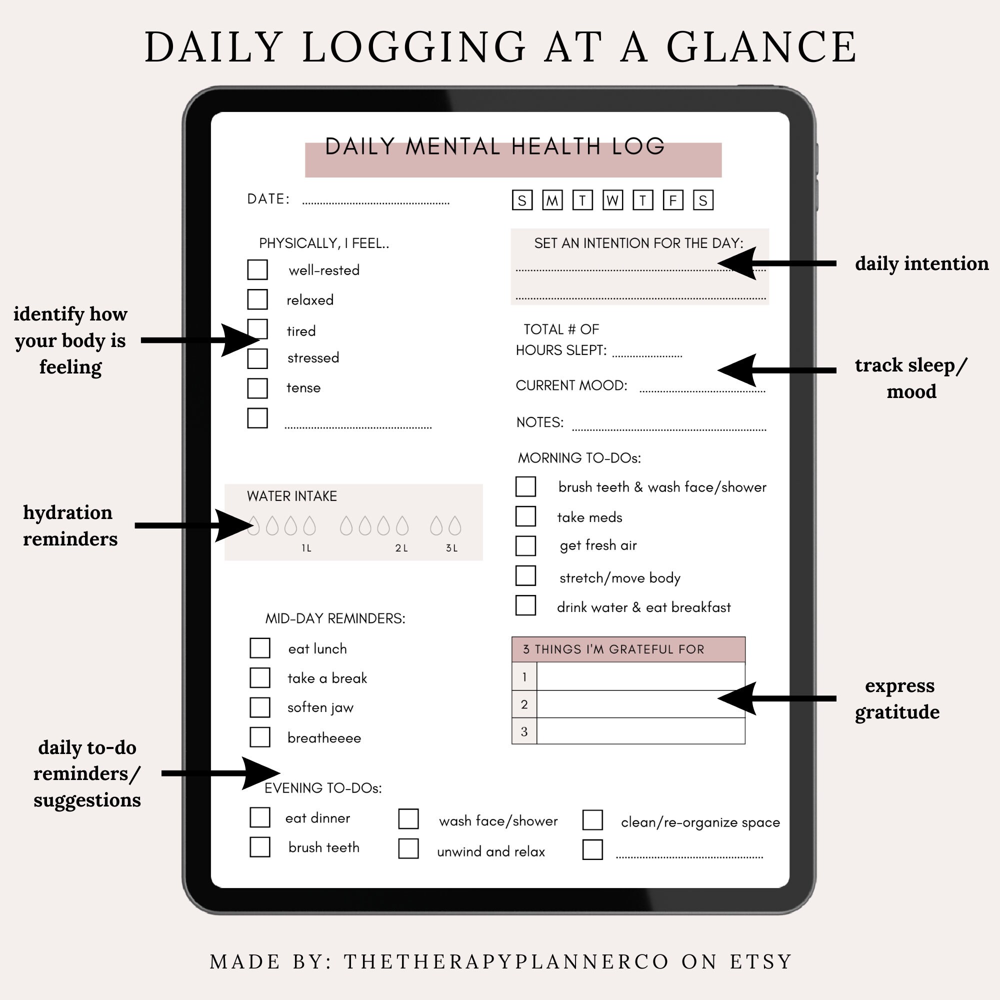 Printable and Digital Daily Mental Health Log (created by a Therapist ...