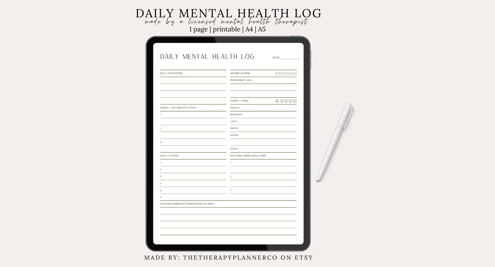 Printable or Digital Daily Mental Health Log created by a Therapist in ...