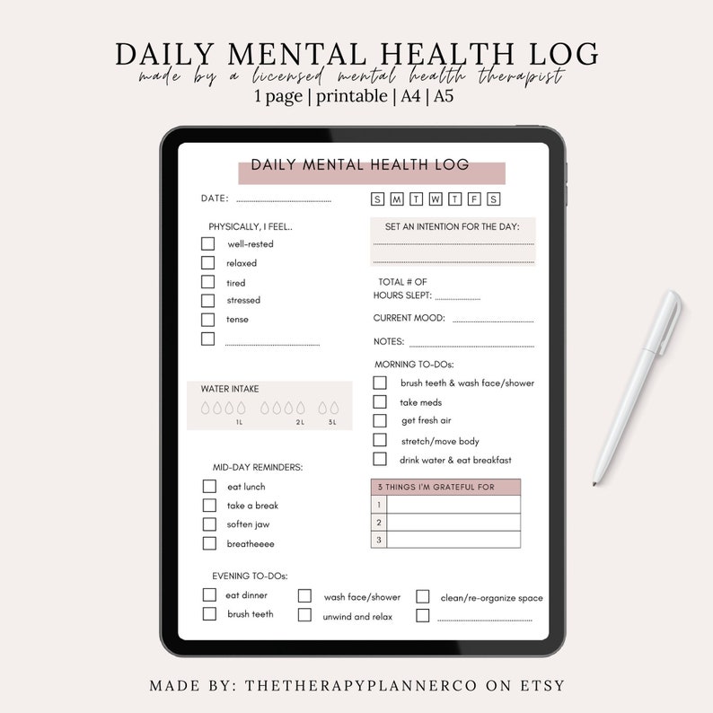 Printable Daily Mental Health Log created by a Therapist - Etsy