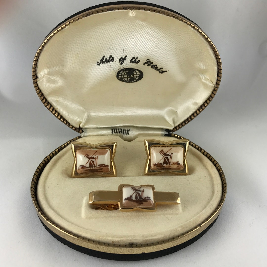 Vintage Swank Hand Painted Delft Cufflinks & Tie Clip From - Etsy