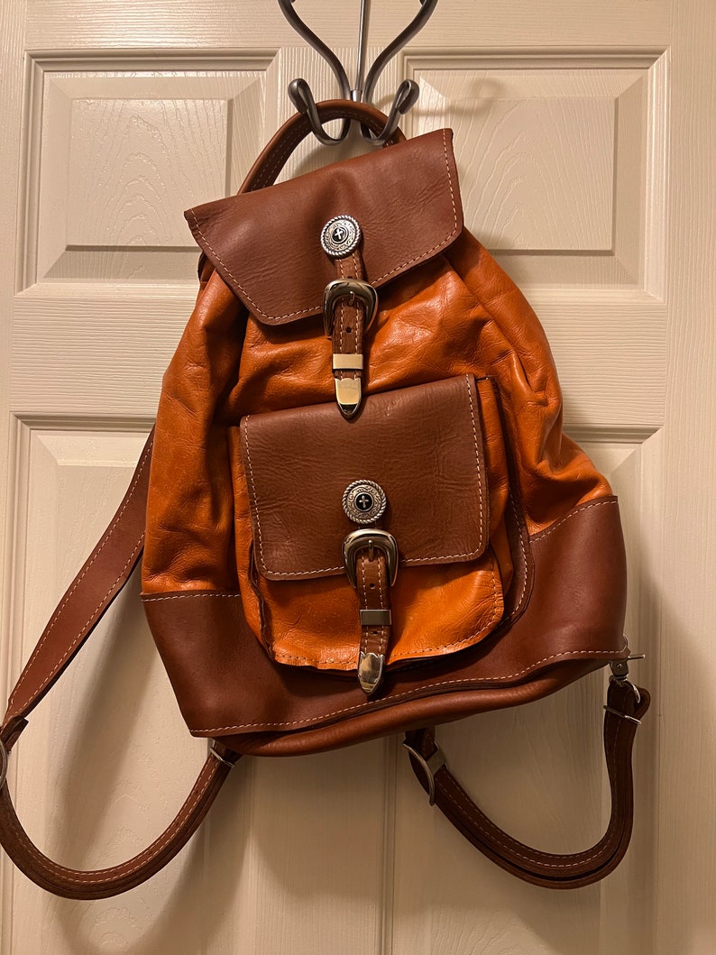 Two Tone Brown Leather Backpack With Conchos - Etsy