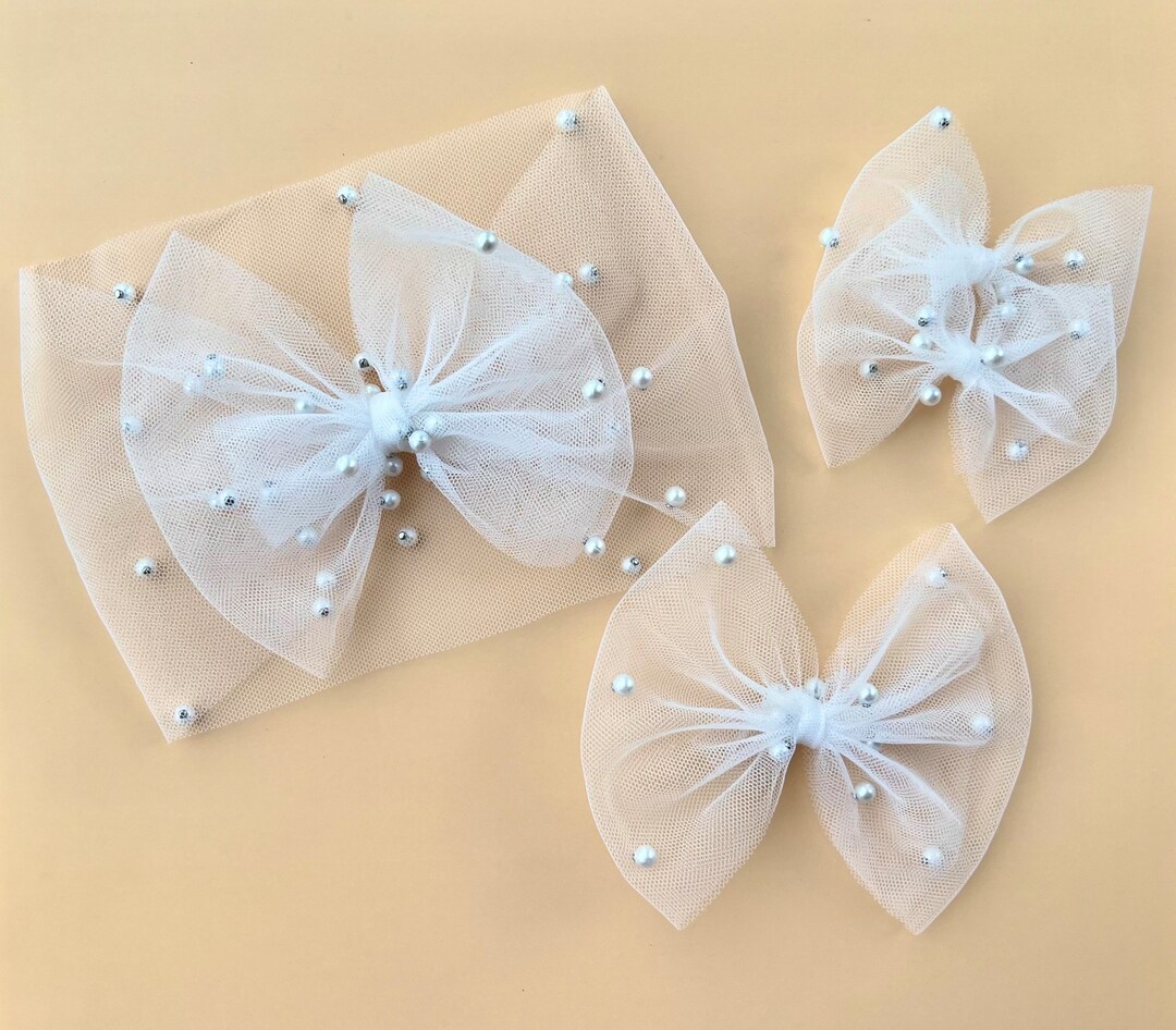 White PEARL MESH Headwrap White Pearl Mesh Nylon White Pearl Clip White ...