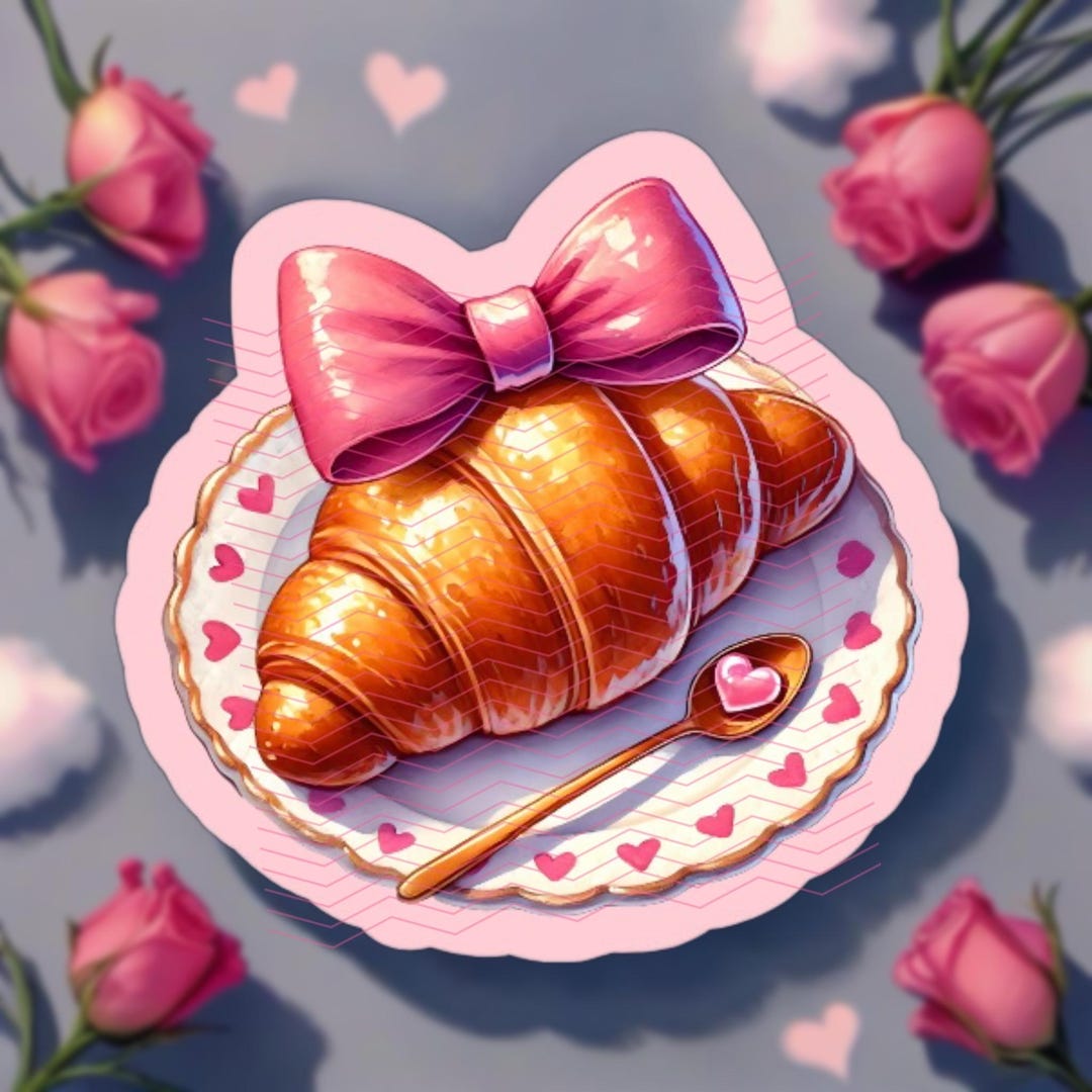 Coquette Croissant on a Plate Sticker, Pink Bow Croissant Sticker, Bow ...
