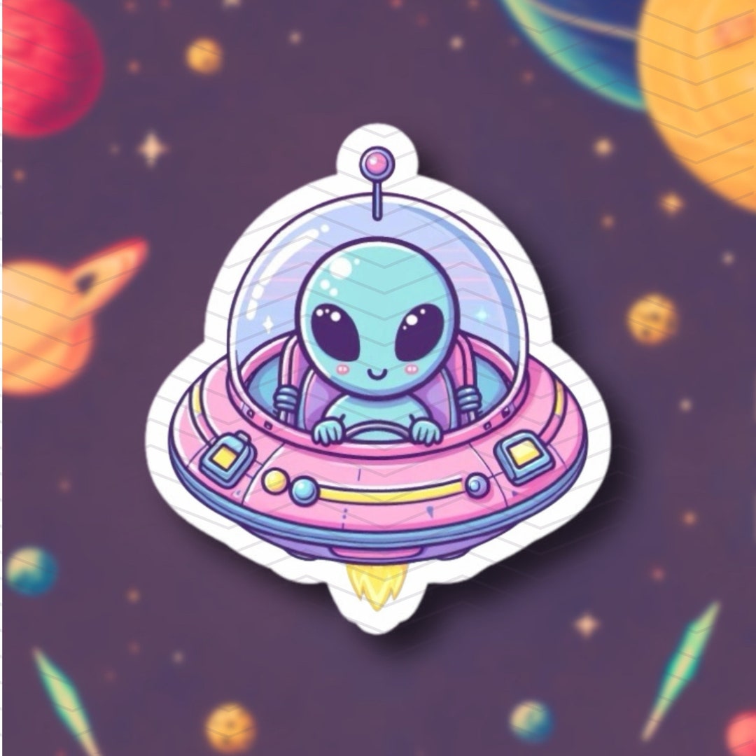 Cute Alien Sticker, Alien Sticker, Alien Spaceship Sticker, UFO Alien ...
