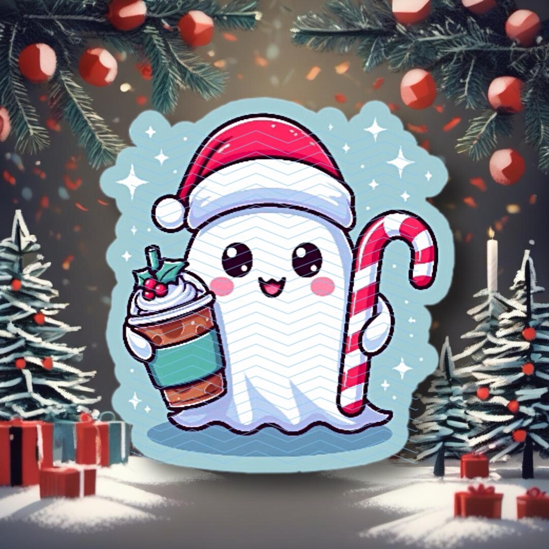 Happy Holiday Candy Cane Ghost Sticker, Christmas Iced Coffee Ghost ...