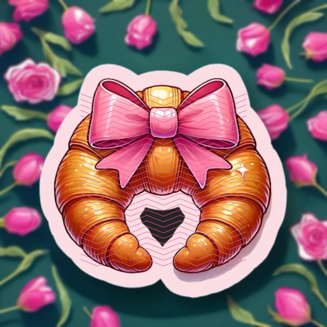 Coquette Curved Croissant Sticker, Pink Bow Croissant Sticker, Bow ...