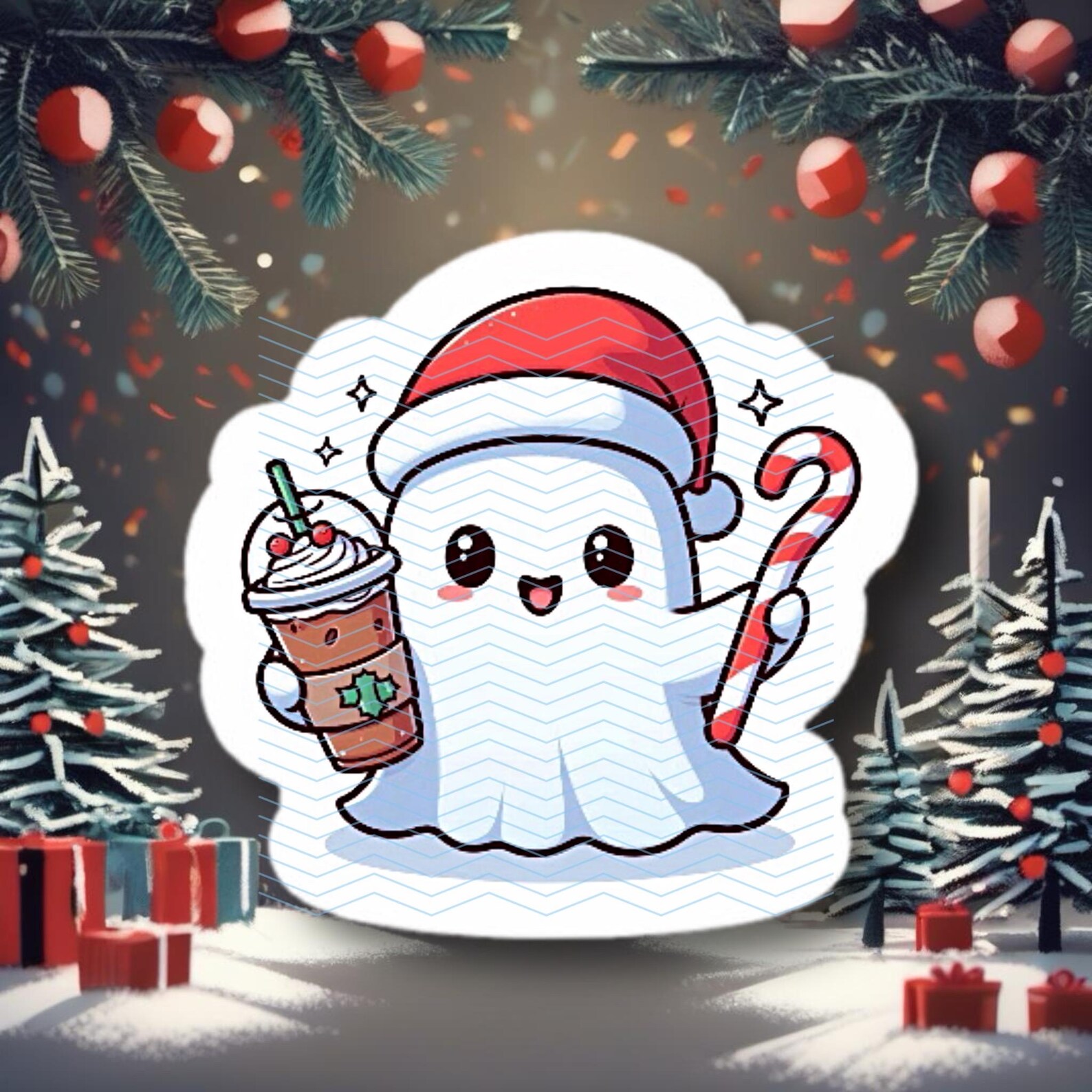 Christmas Candy Cane Ghost Sticker, Christmas Iced Coffee Ghost Sticker ...