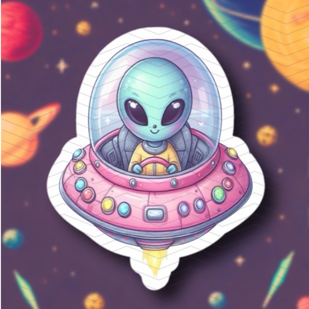 Alien Sticker, Cute Alien Sticker, Alien Spaceship Sticker, UFO Alien ...