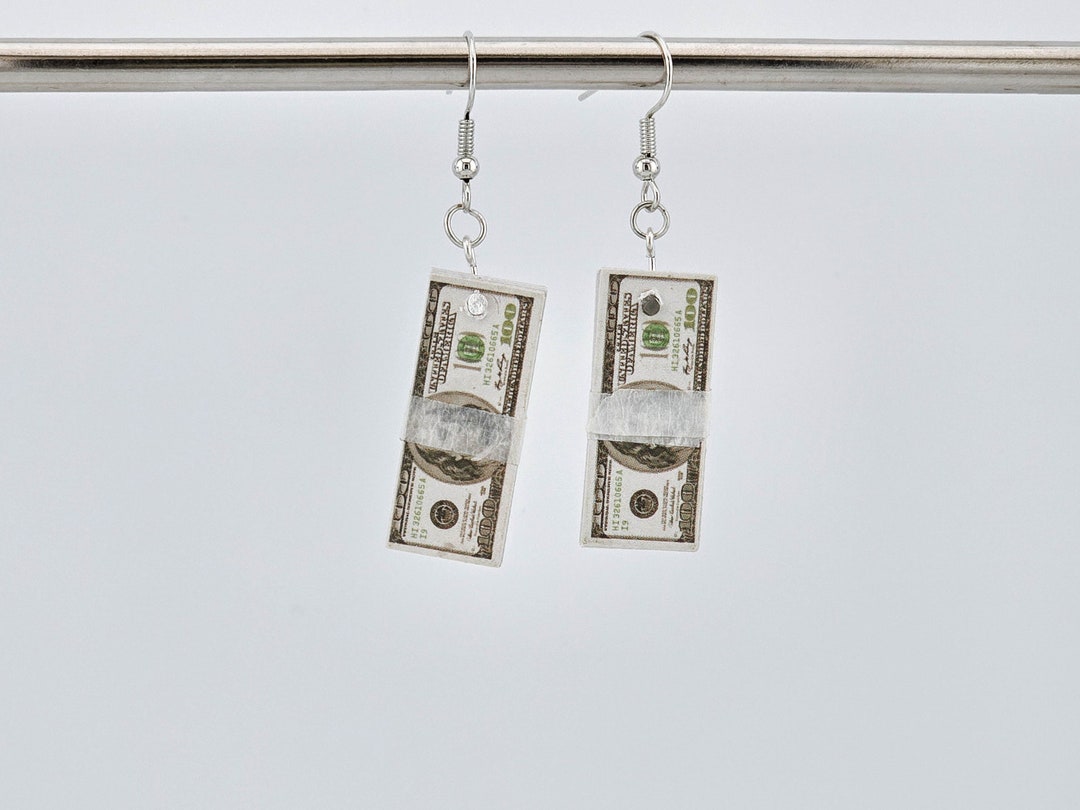 Money Earrings. Stacks of 15 Mini 100 Dollar Bills Each, Unique Novelty ...