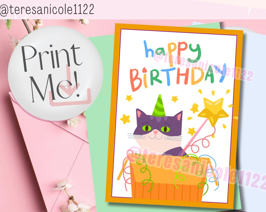 Happy Birthday Cat Printable Birthday Card DIY Greeting Card - Etsy