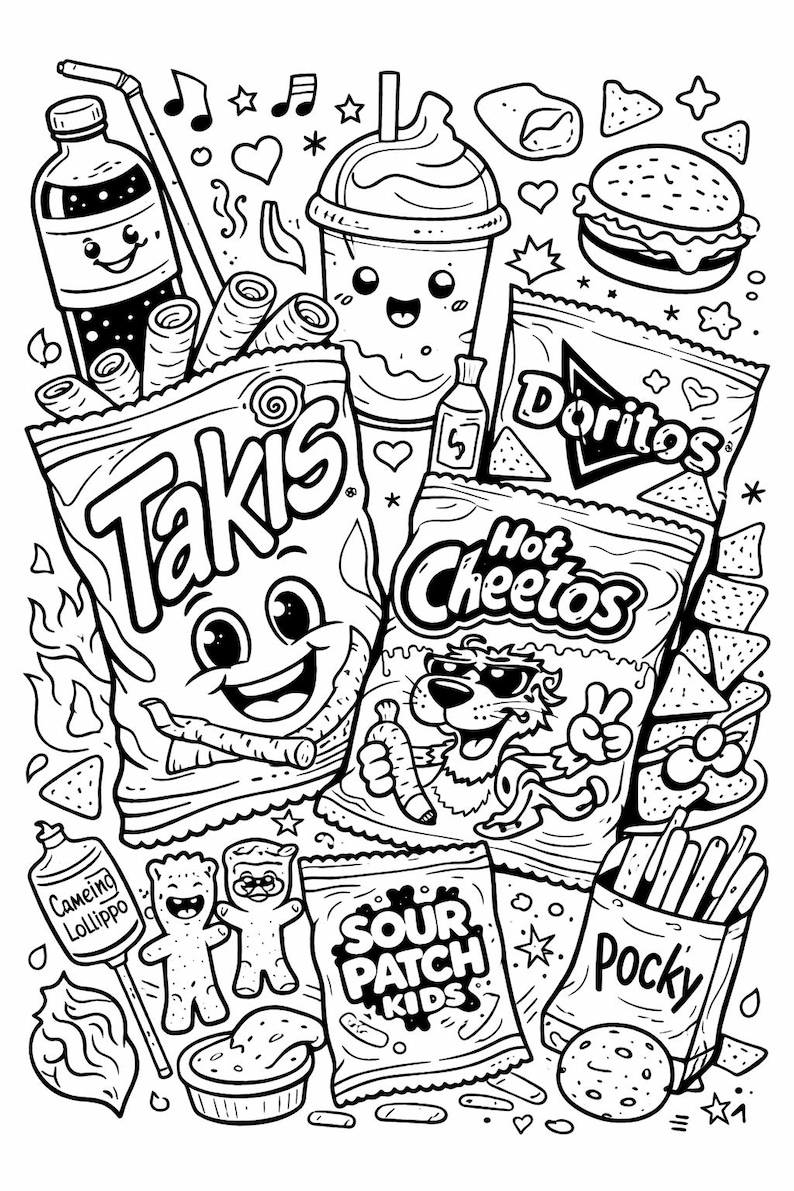 Trendy Snack Coloring Pages | Hot Chips, Takis, Chamoy Pickle (PDF ...